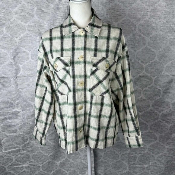 Zara | Tops | Zara Plaid Button Front Shacket Jacket Xs Green Cream ...